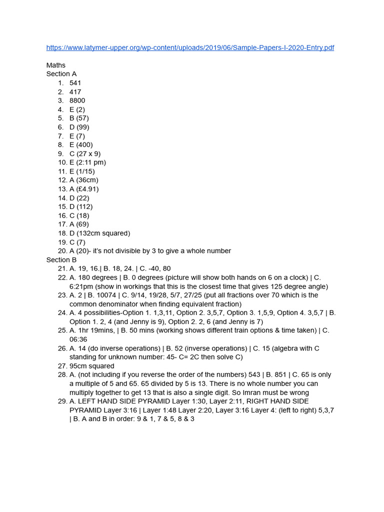 Latymer Maths Sample Paper 1 (ans) | PDF