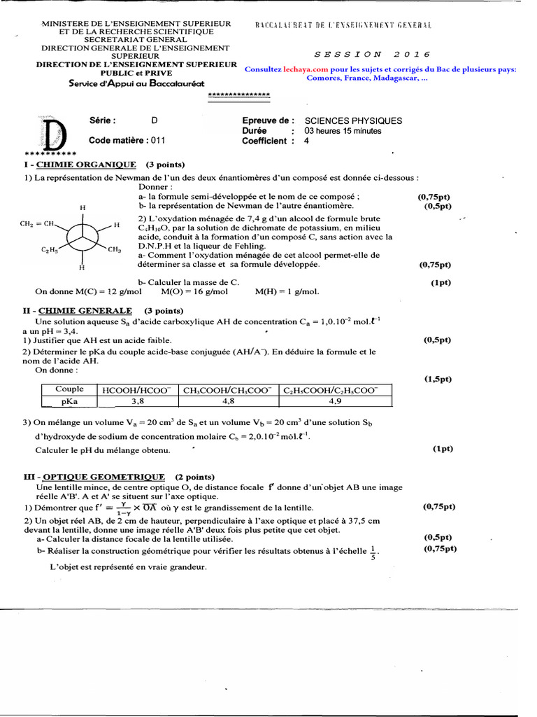 Stock LesPdf Examens BAC Madagascar Sujet 2016 Madagascar Sujet D Physique-Chimie Bac 2016 | PDF