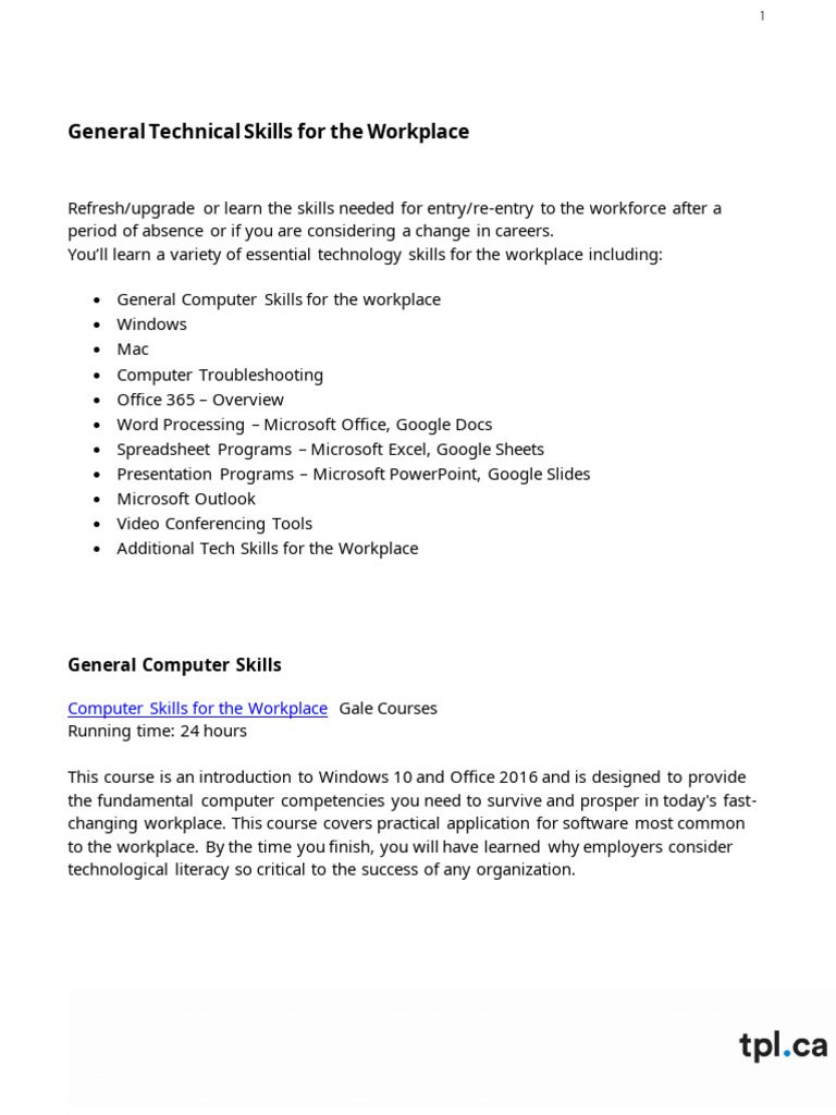 Learning Pathway General Technical Skills For The Workplace | PDF