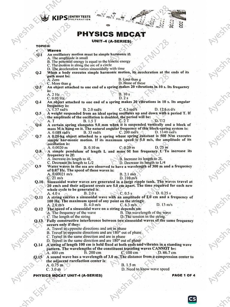 Kips Physics Unsolved Test Unit 4 (Waves) With Key | PDF