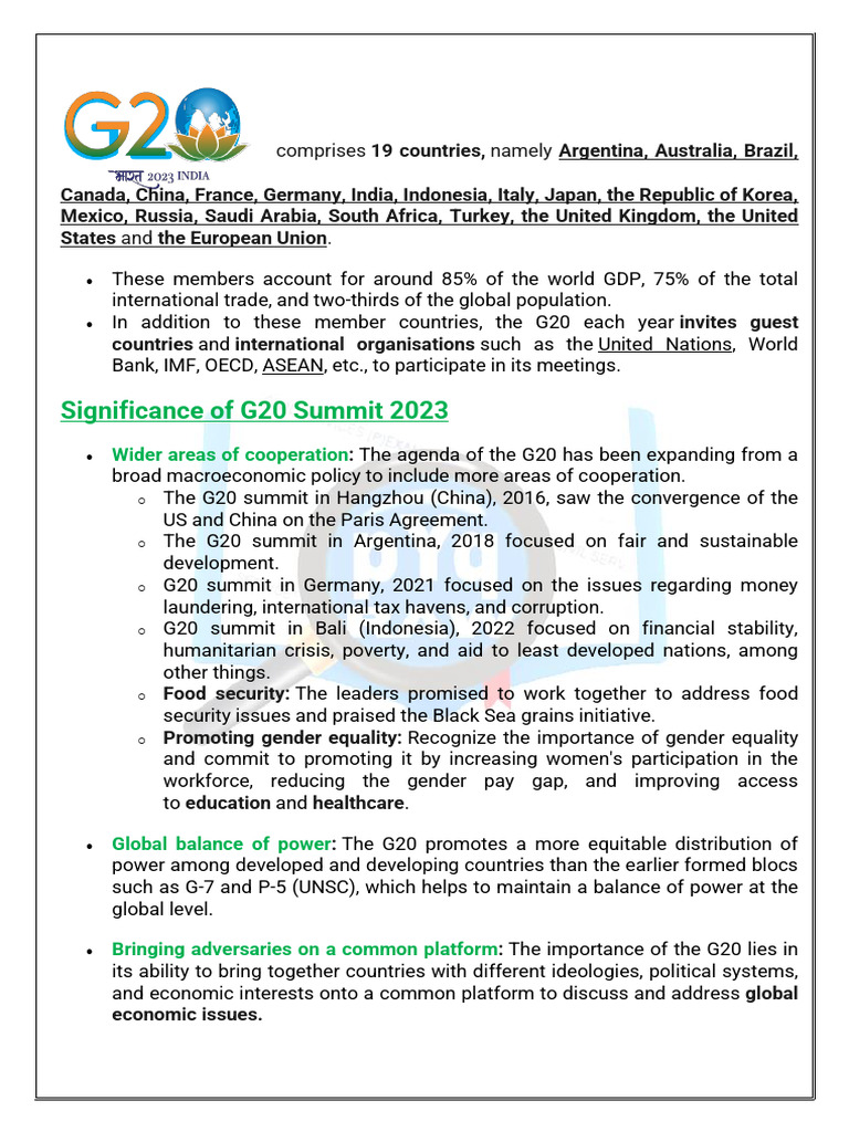 Significance of G20 Summit 2023: Comprises Namely | PDF