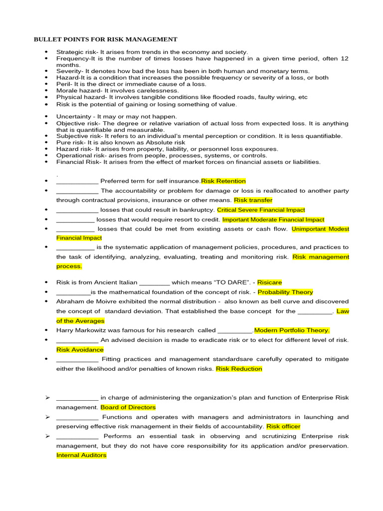 MIDTERMS - BULLET POINTS Risk Management | PDF
