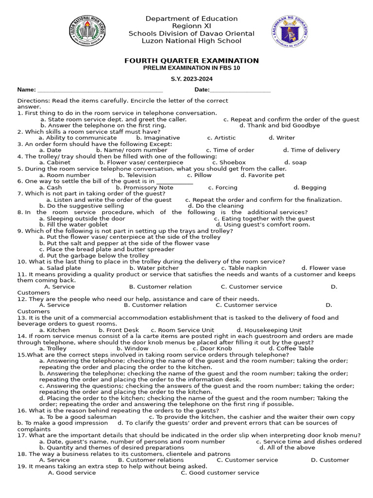 FBS 10 4th Grading Exam | PDF