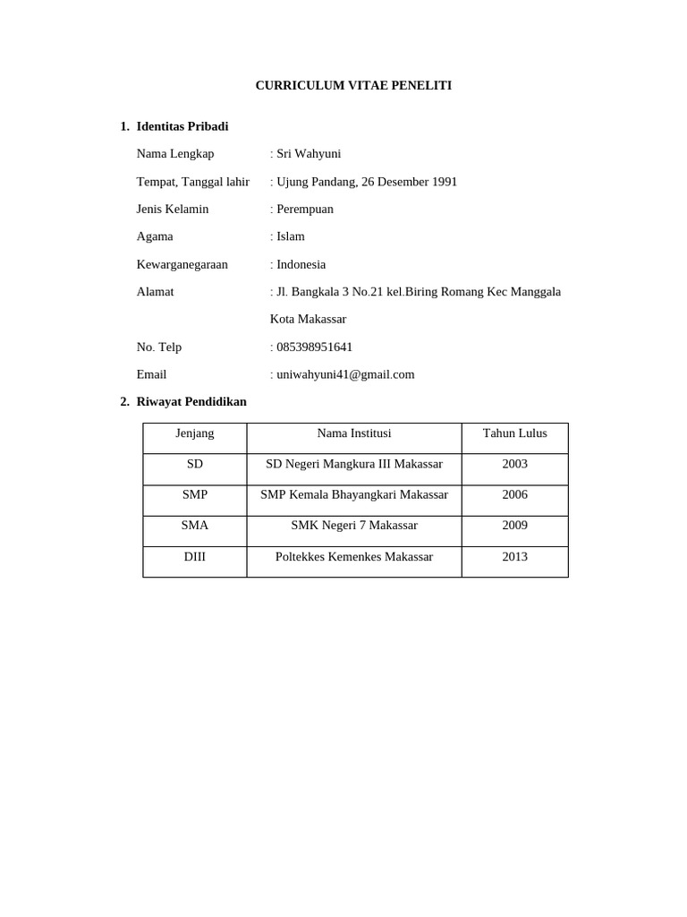 Cv Sri Wahyuni | PDF