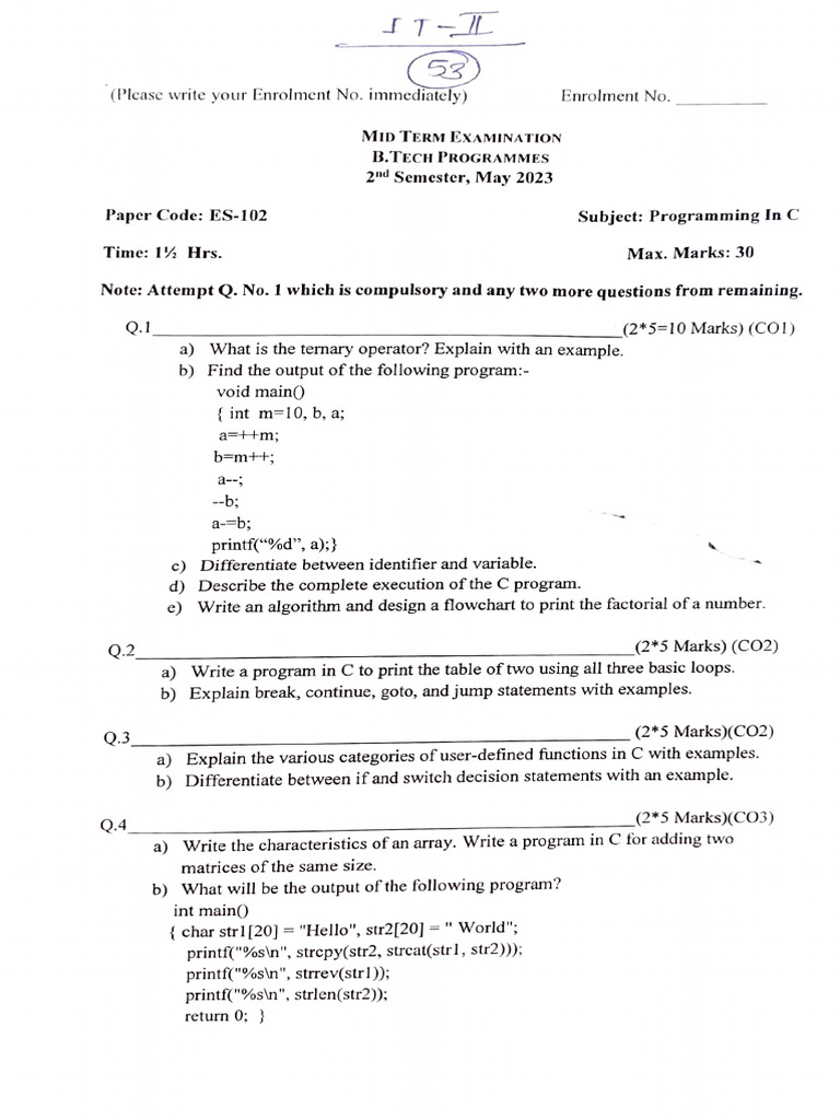 Prog in C Mid Term Question Paper | PDF