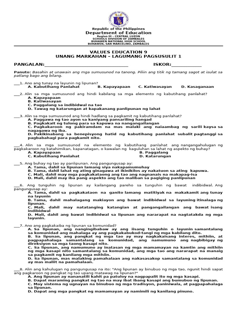 Values Education Summative Test 9 | PDF | Wellness | Lifestyle