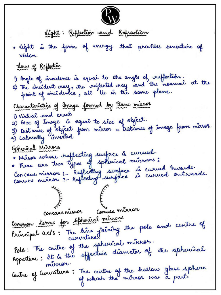Light Reflection & Refraction Short Notes WARRIOR SERIES CLASS 10TH | PDF