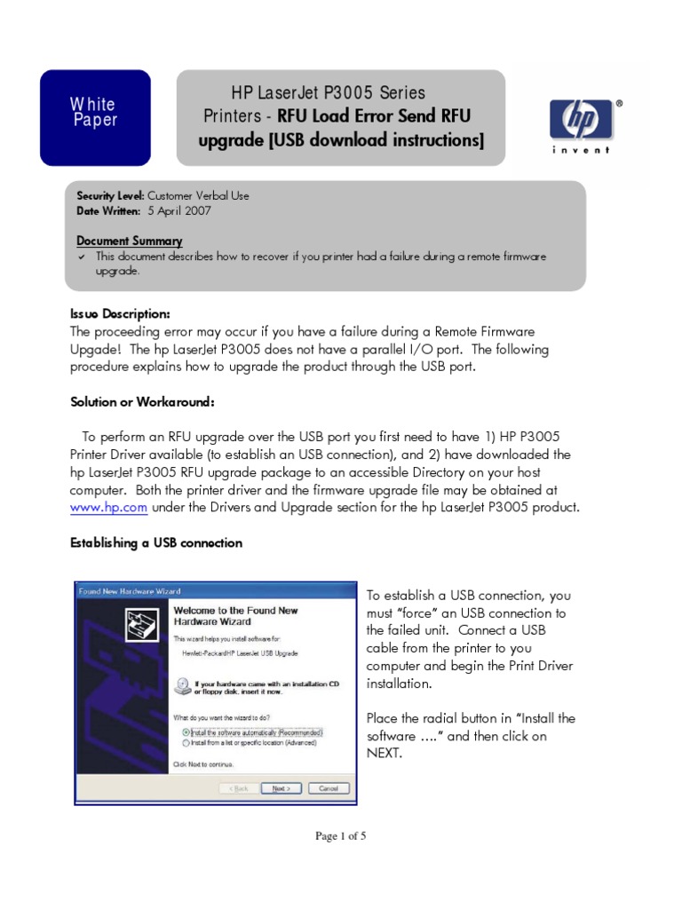 Recovering from a Failed Remote Firmware Upgrade on an HP LaserJet P3005 Printer Through USB ...
