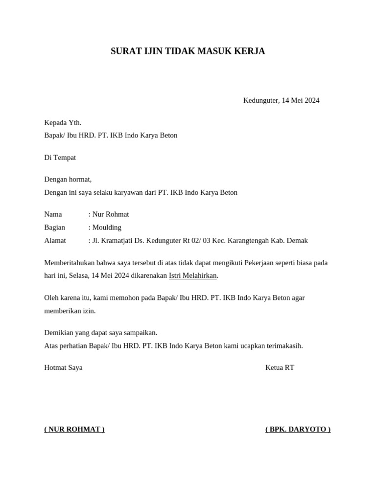 Surat Ijin Tidak Masuk Kerja | PDF