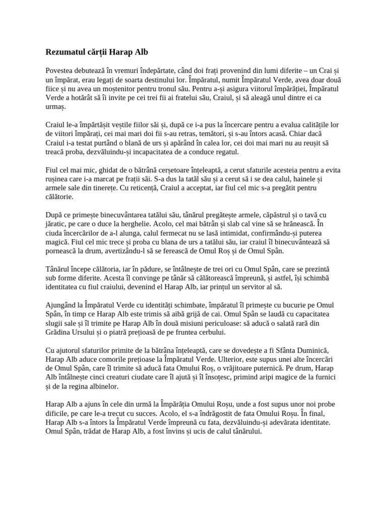 Rezumatul Cărții Harap Alb | PDF
