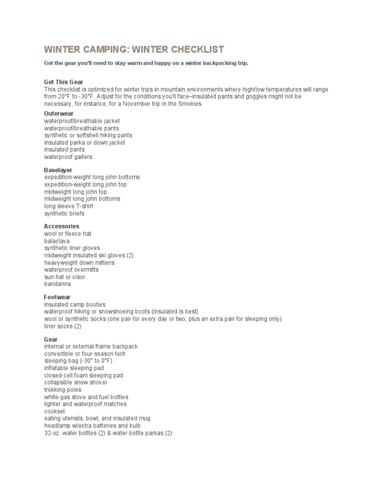 Winter Camping Winter Checklist | PDF | Wool | Foods
