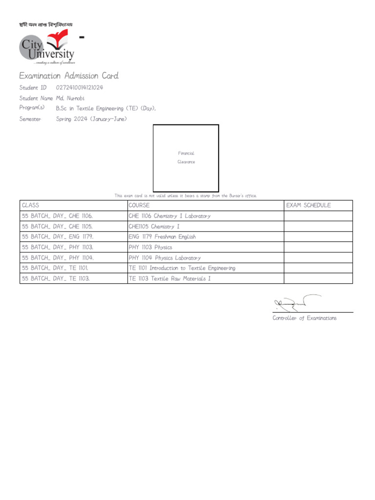 Student Exam Card (1) | PDF