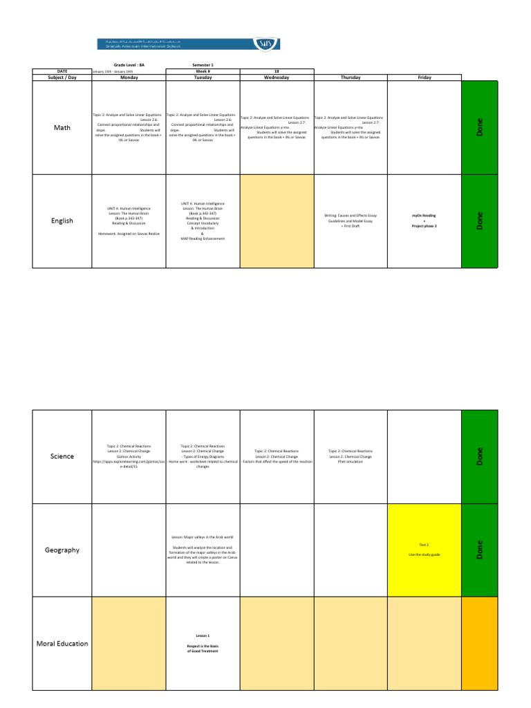 Subject / Day Monday Tuesday Wednesday Thursday Friday: Grade Level: 8A Semester 1 Date Week ...