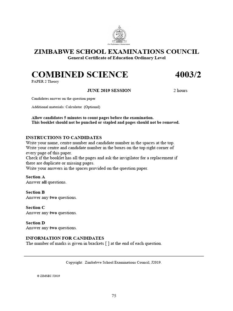 Zimsec O Level Combined Science June 2019 Past Exam Paper 2 | PDF