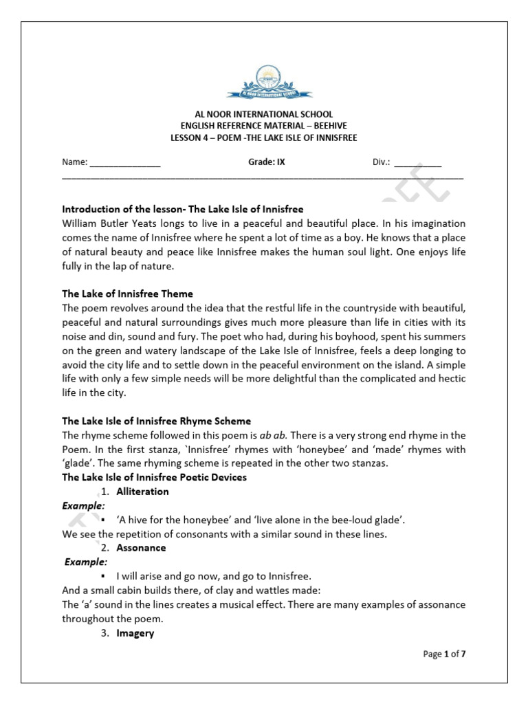 The Lake Isle of Innisfree - Reference Material | PDF | Poetry | Rhyme