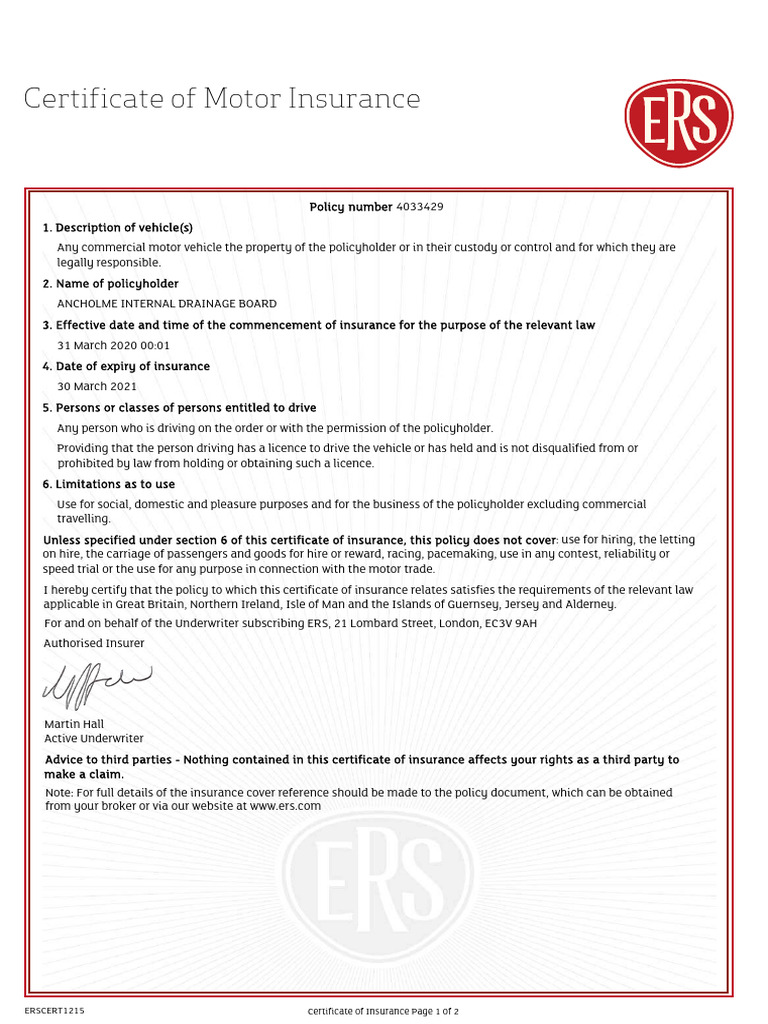 ERS-Motor-Insurance-Certificate | PDF