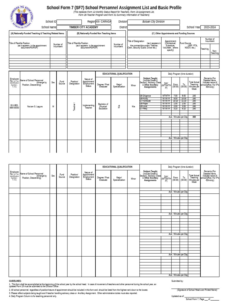 School Form 7 (SF7) School Personnel Assignment List and Basic Profile | PDF
