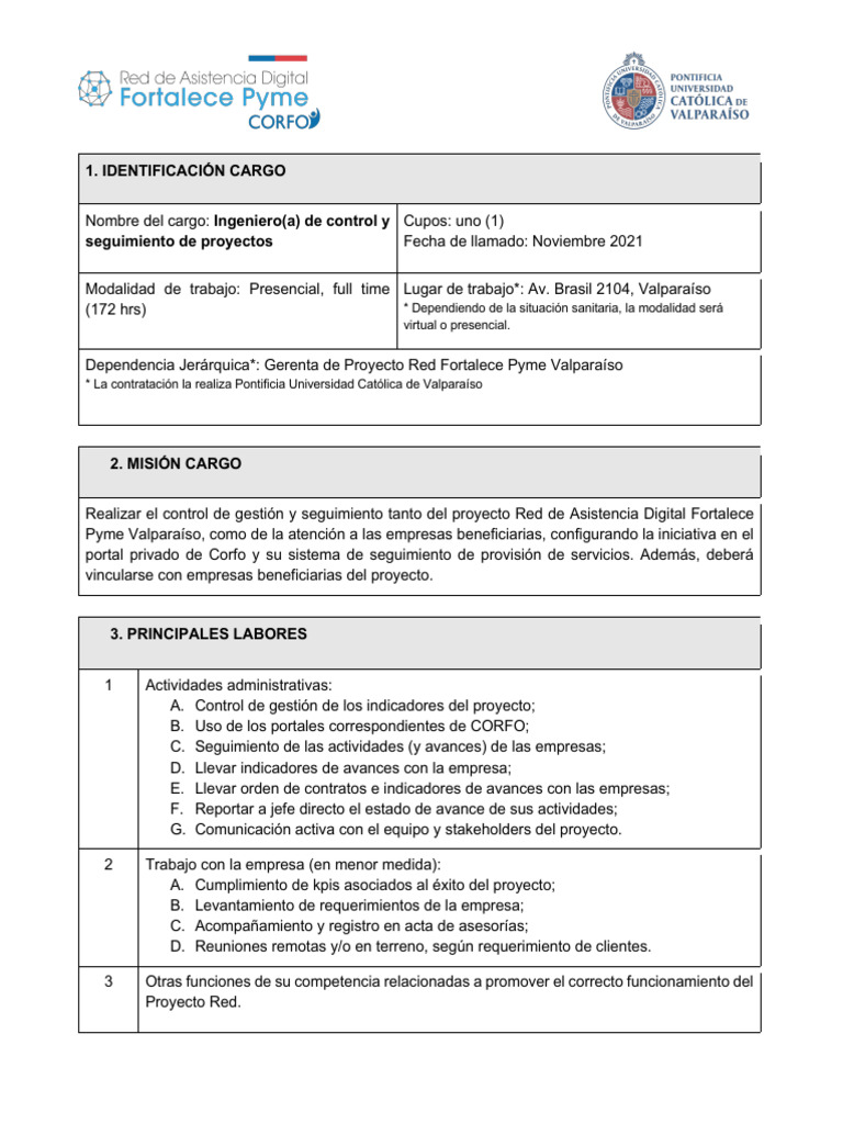 Perfil de Cargo Ingeniero A de Control y Seguimiento de Proyectos | PDF