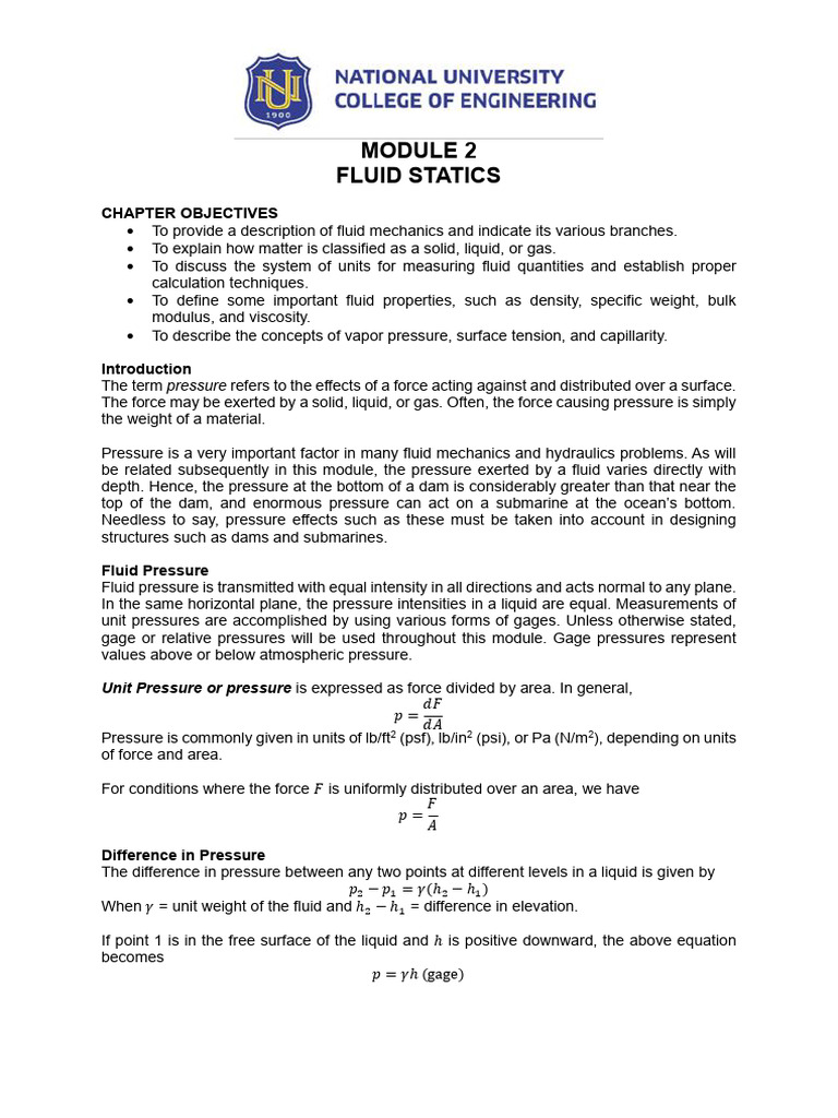 CEHYDR40 Module 2 - Fluid Statics | PDF