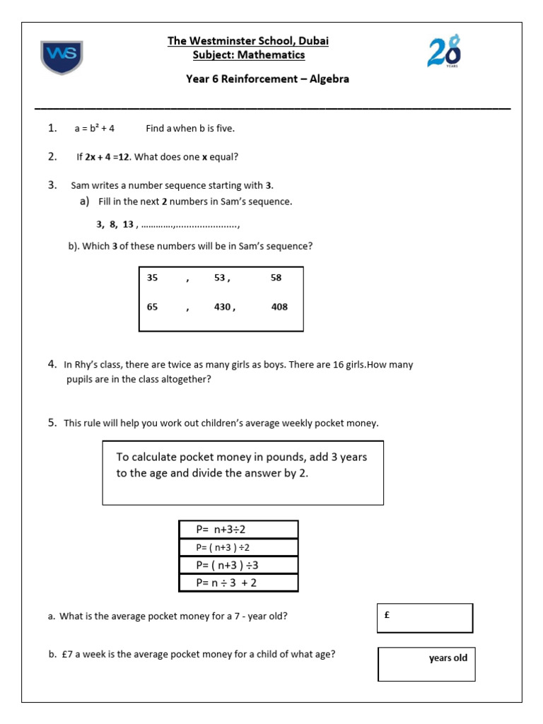 Year 6 Reinforcement Algebra | PDF | Equations | Algebra