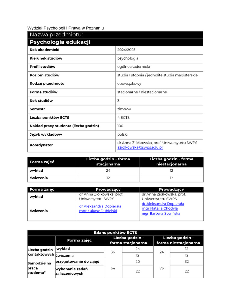 Psychologia+Edukacji+ 2024+zima | PDF
