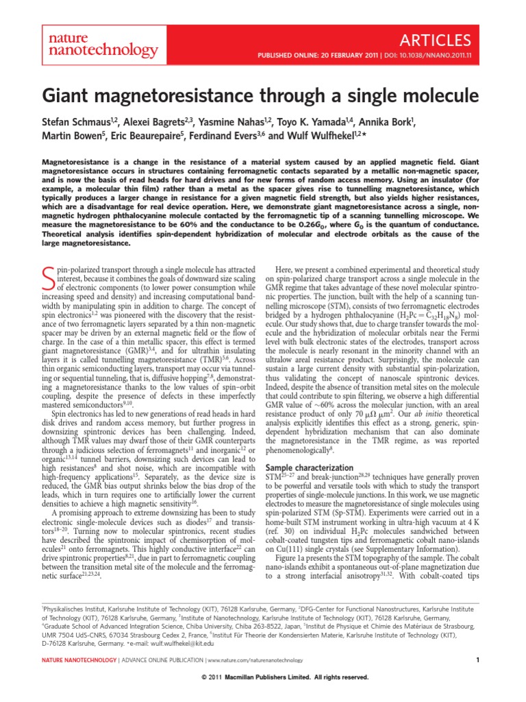 Giant Magneto Resistance Through A Single Molecule | PDF | Condensed ...