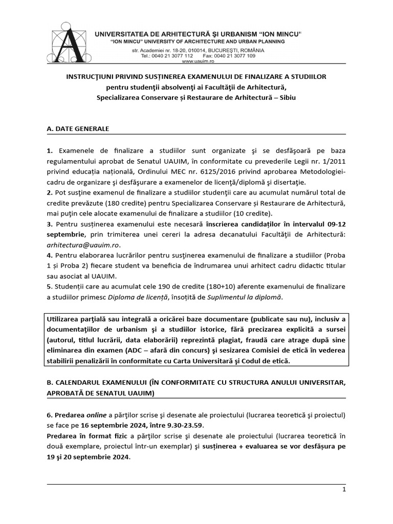 Instructiuni Sustinere Examen de Finalizare A Studiilor Sibiu Septembrie 2024 | PDF