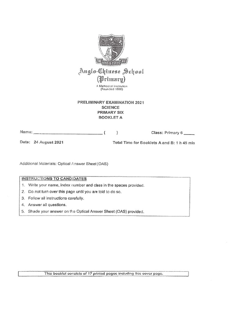 2021 P6 Science Prelim Anglo Chinese School Primary | PDF
