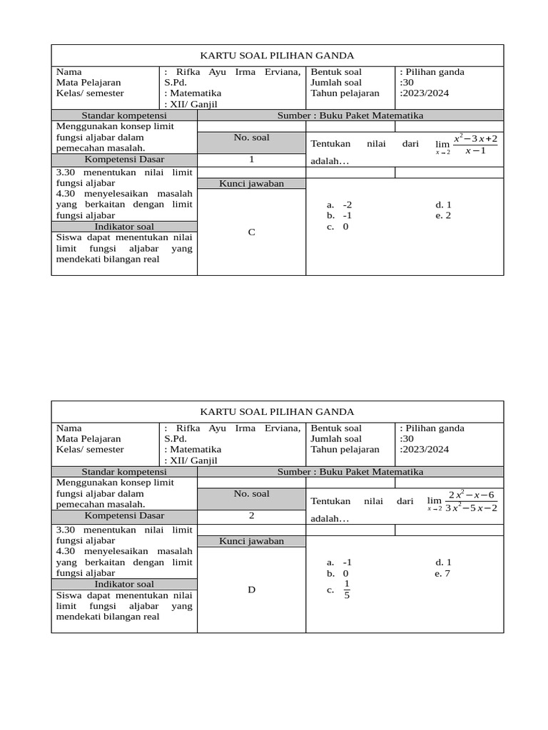 Kartu Soal Pat Matematika Kelas Xii | PDF