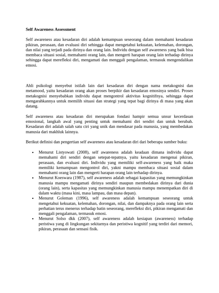 Self Awareness Assessment | PDF