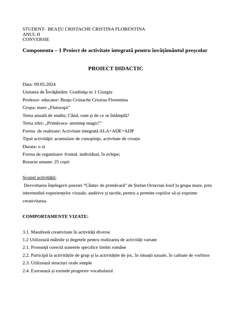 Proiect Didactic Cantec de Primavara Componenta 1 PORTOFOLIU | PDF