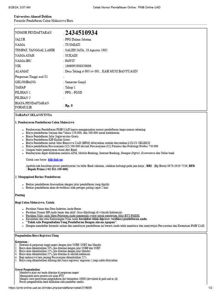 Cetak Nomor Pendaftaran Online - PMB Online UAD | PDF