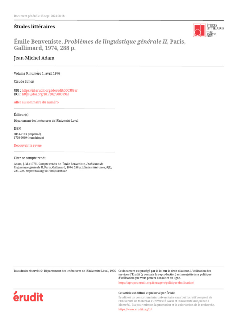 Émile Benveniste, Problèmes de Linguistique Générale II, Paris ...