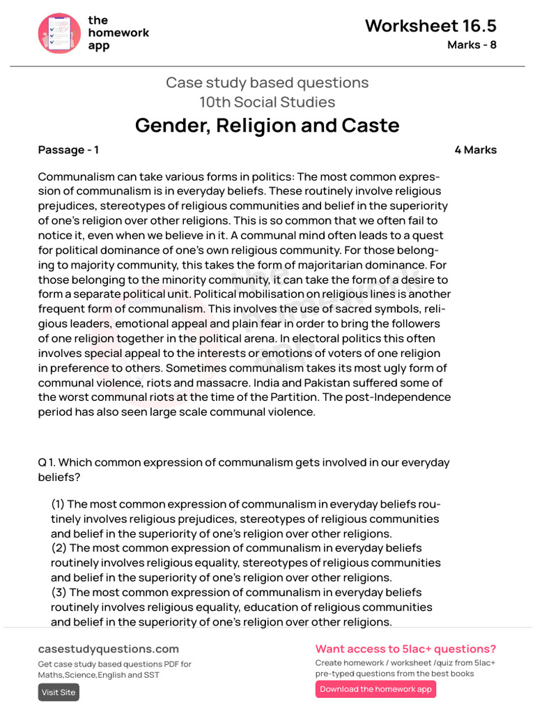 casestudyquestion.com - [Worksheet 16.5] - [Gender Religion and Caste] | PDF