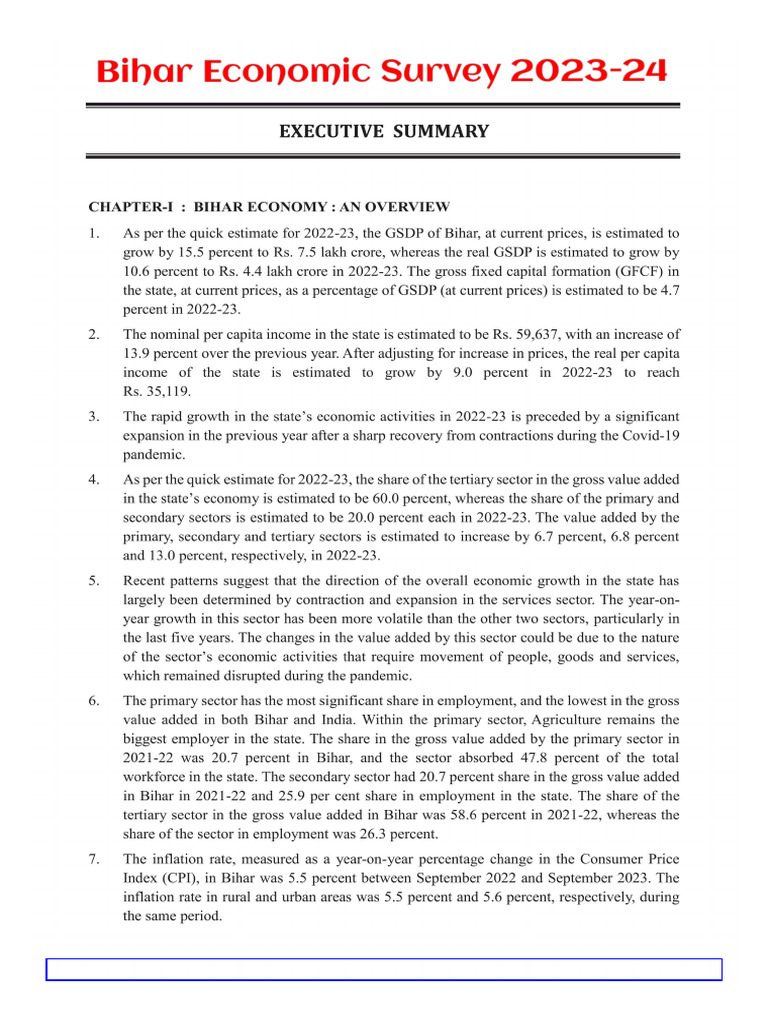 Bihar Economic Survey 2023-24 Summary | PDF