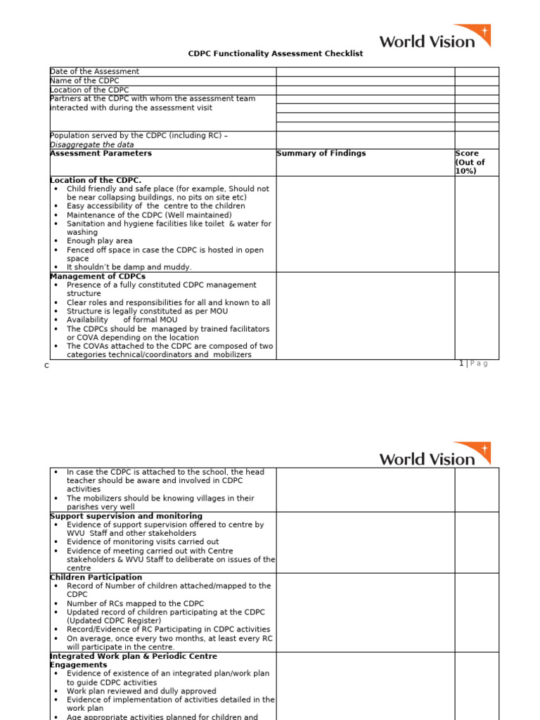 CDPC Functionality Assessment Checklist (13395) | PDF