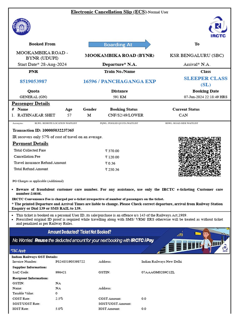 Panchaganga Exp Sleeper Class (SL) : Electronic Cancellation Slip (ECS) | PDF