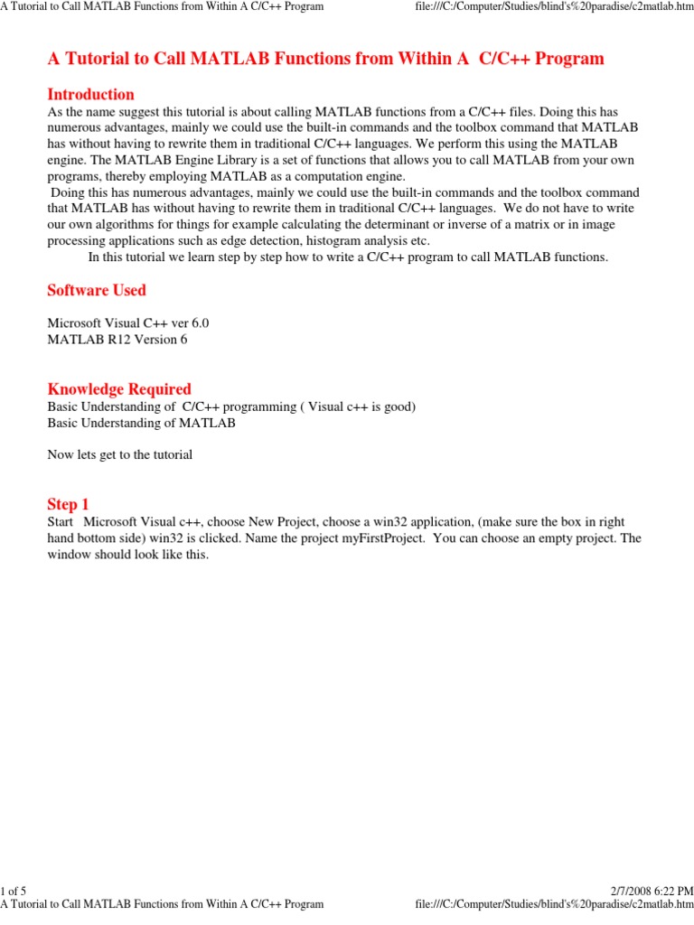 A Tutorial To Call MATLAB Functions From Within A C C++ Program | PDF | Matlab | Library (Computing)