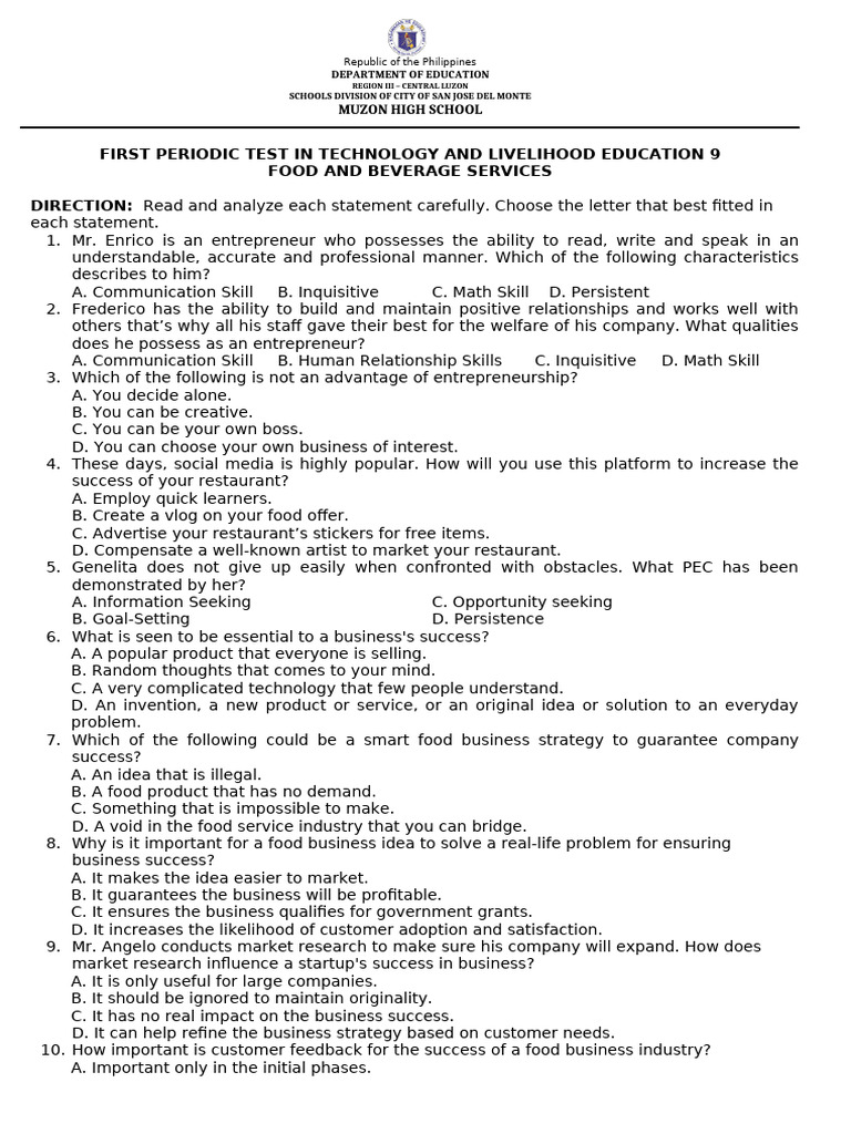 Grade9 - Q1 - Pt-Food and Beverages | PDF