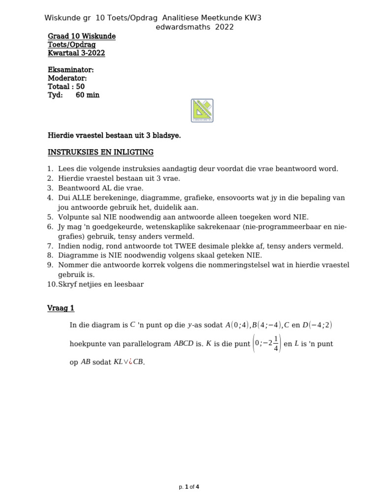 GR 10 Edwardsmaths Toets of Opdrag Analitiese Meetkunde KW3 2022 Afr | PDF