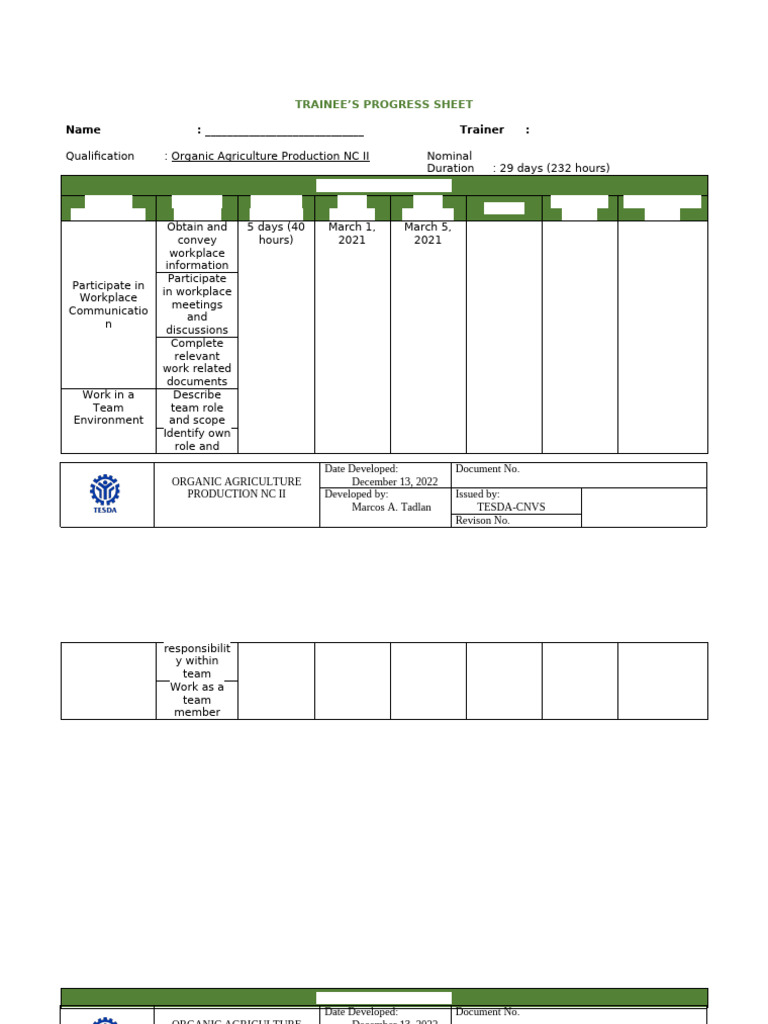 TRAINEE'S PROGRESS SHEET | PDF