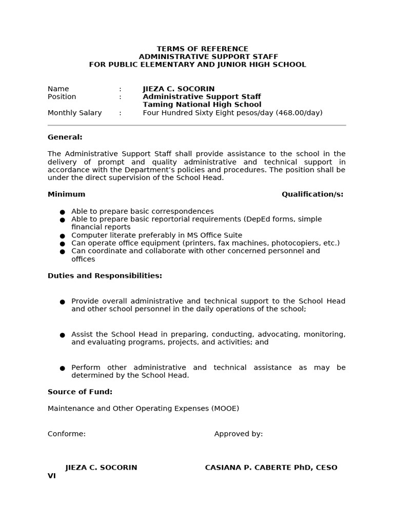 2 Sample TOR Admin Support Staff in Schools Under COS | PDF