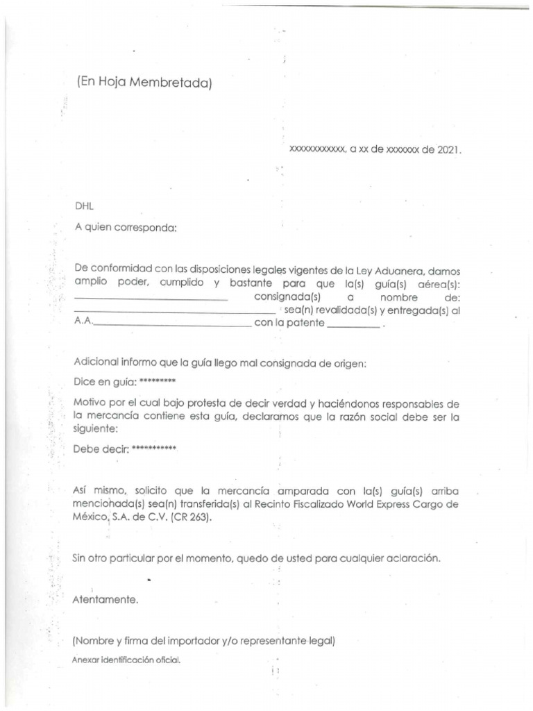 FORMATO CARTA PODER DHL | PDF