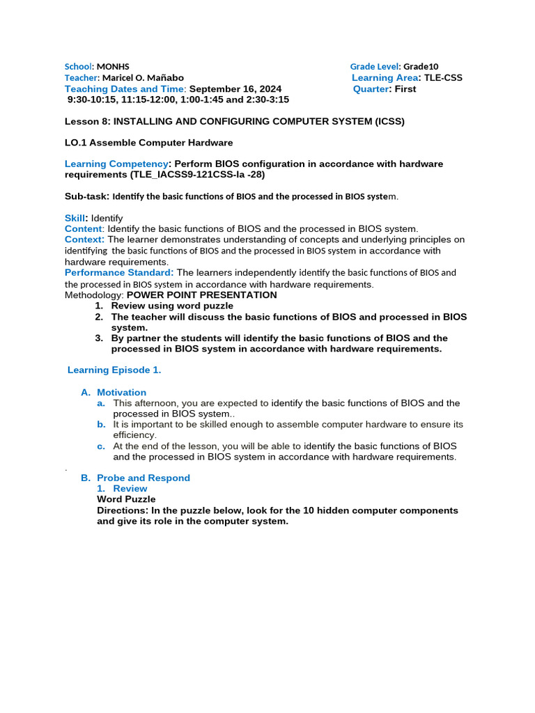 Grade 10 Bios Setup | PDF | Bios | Booting