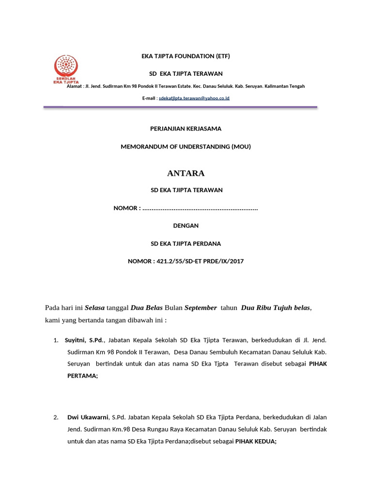 Perjanjian Kerjasama Antar Sekolah Terawan | PDF