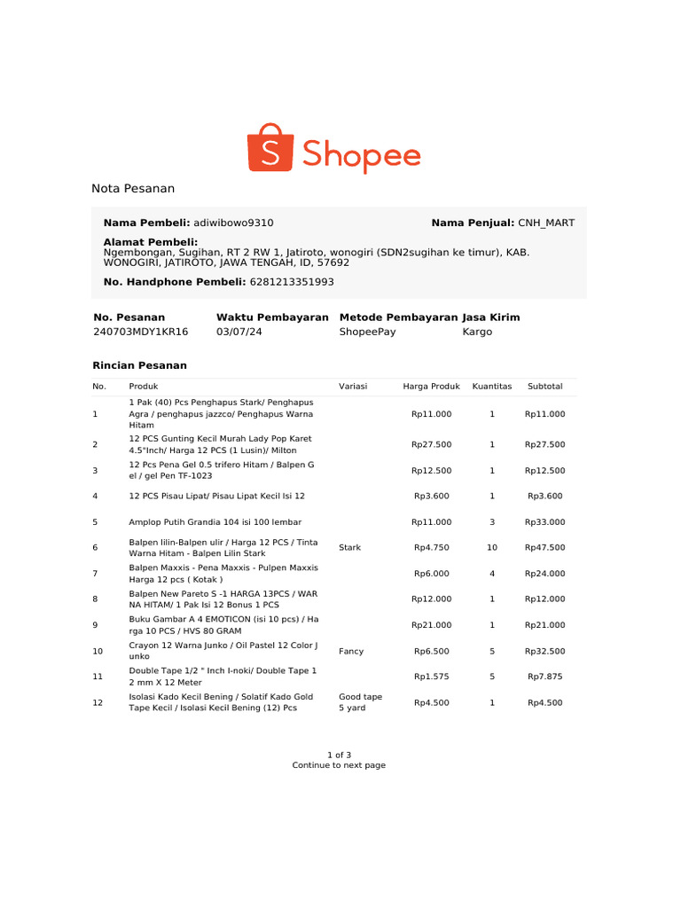 Nota Pesanan: Nama Penjual: CNH - MART Nama Pembeli: Adiwibowo9310 ...