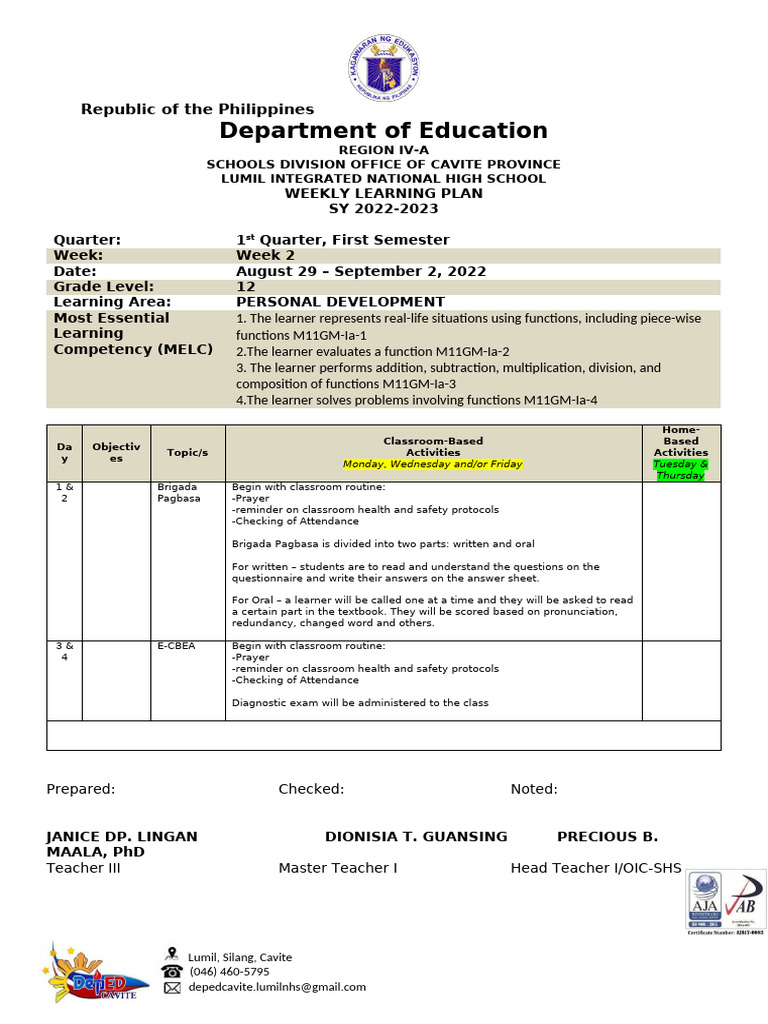 PerDev Q1 W2 Weekly Learning Plan - SY 2022 2023 | PDF