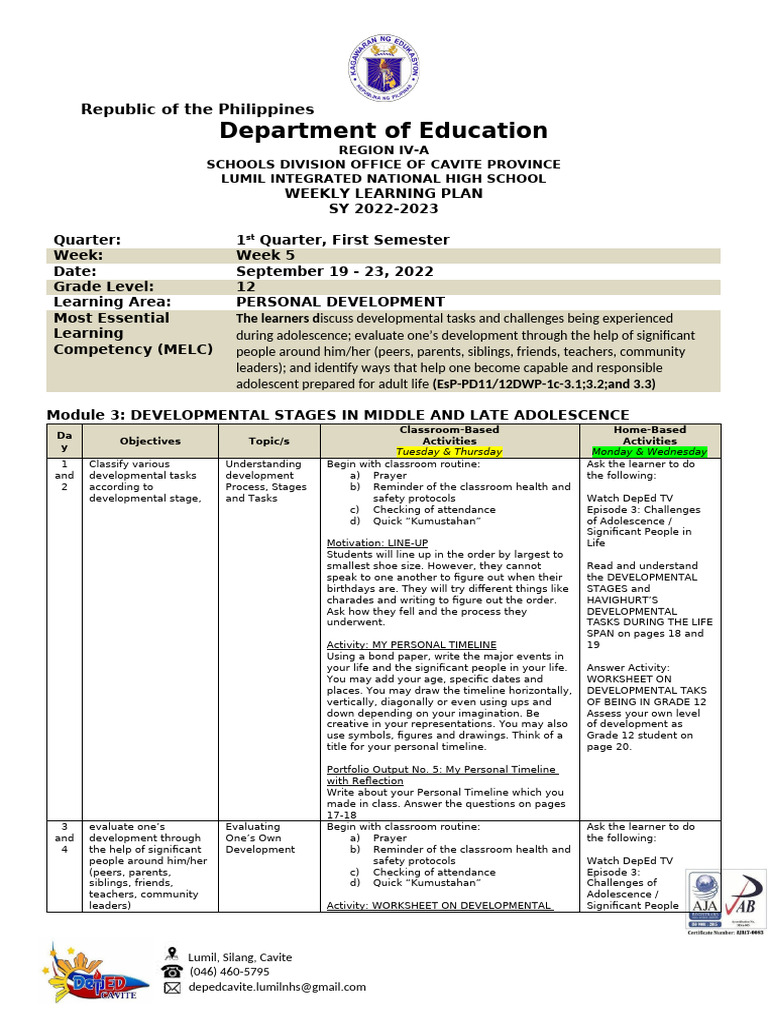 PerDev Q1 W5 Weekly Learning Plan - SY 2022 2023 | PDF