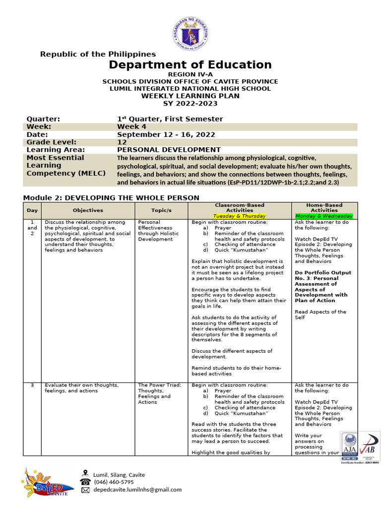PerDev Q1 W4 Weekly Learning Plan - SY 2022 2023 | PDF