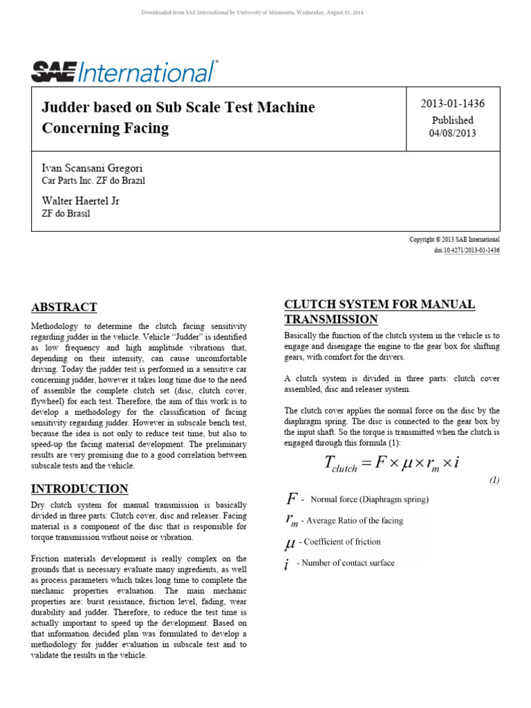 Judder Based On Sub Scale Test Machine Concerning Facing | PDF | Clutch ...